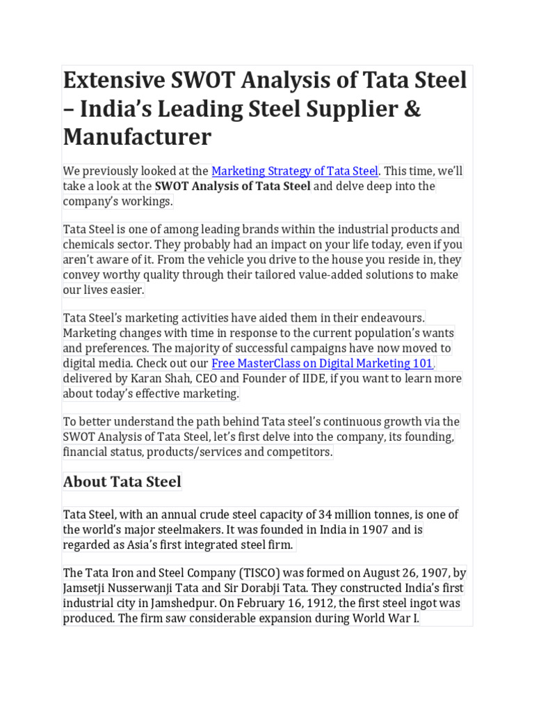 Extensive SWOT Analysis of Tata Steel | PDF | Steel | Economies