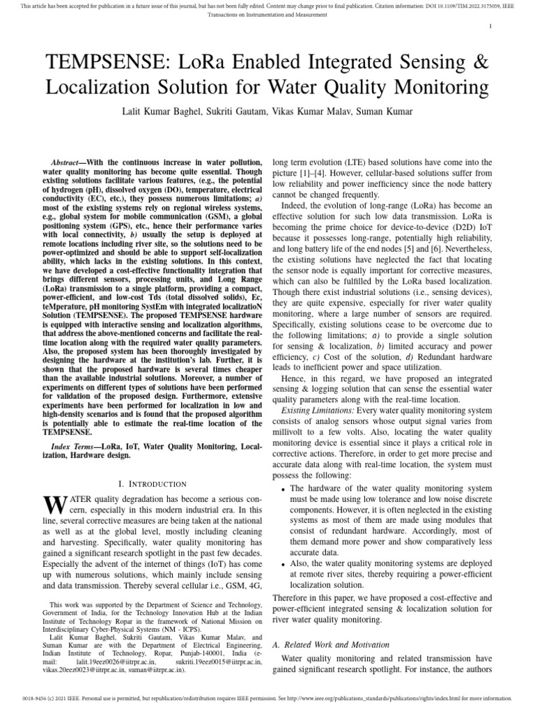 TEMPSENSE LoRa Enabled Integrated Sensing Amp Localization Solution For Water Quality Monitoring ...