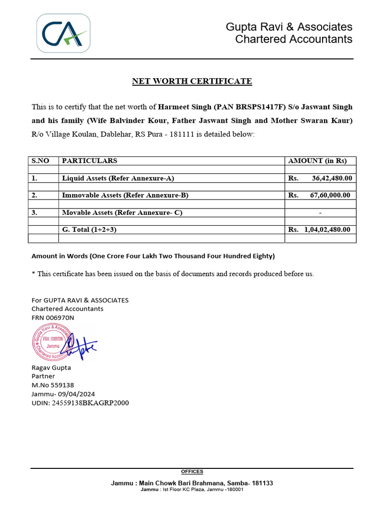 Gupta Ravi & Associates Chartered Accountants: Net Worth Certificate | PDF