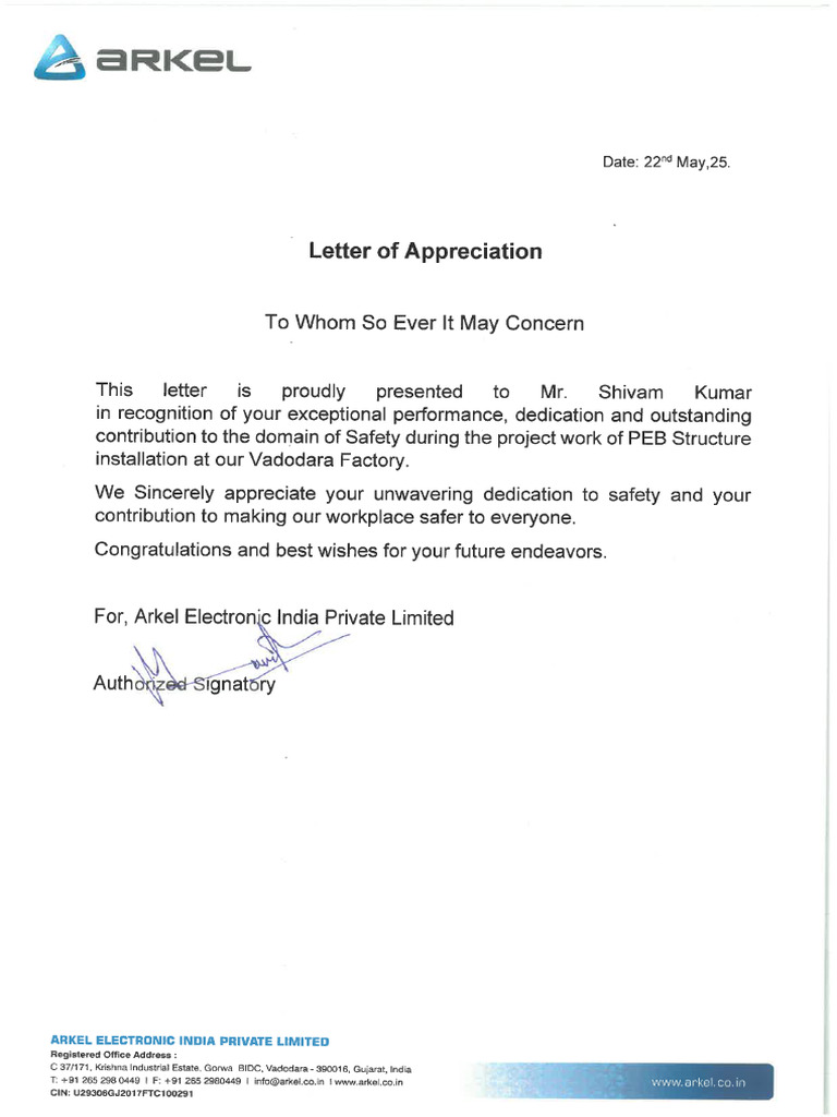 Appreciation Letter Shivam Kumar | PDF