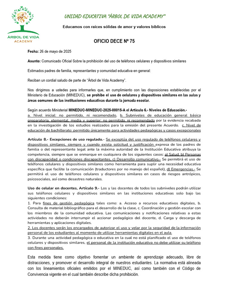 Oficio N 75 Sobre La Prohibición de Celulares | PDF | Enseñando | Pedagogía