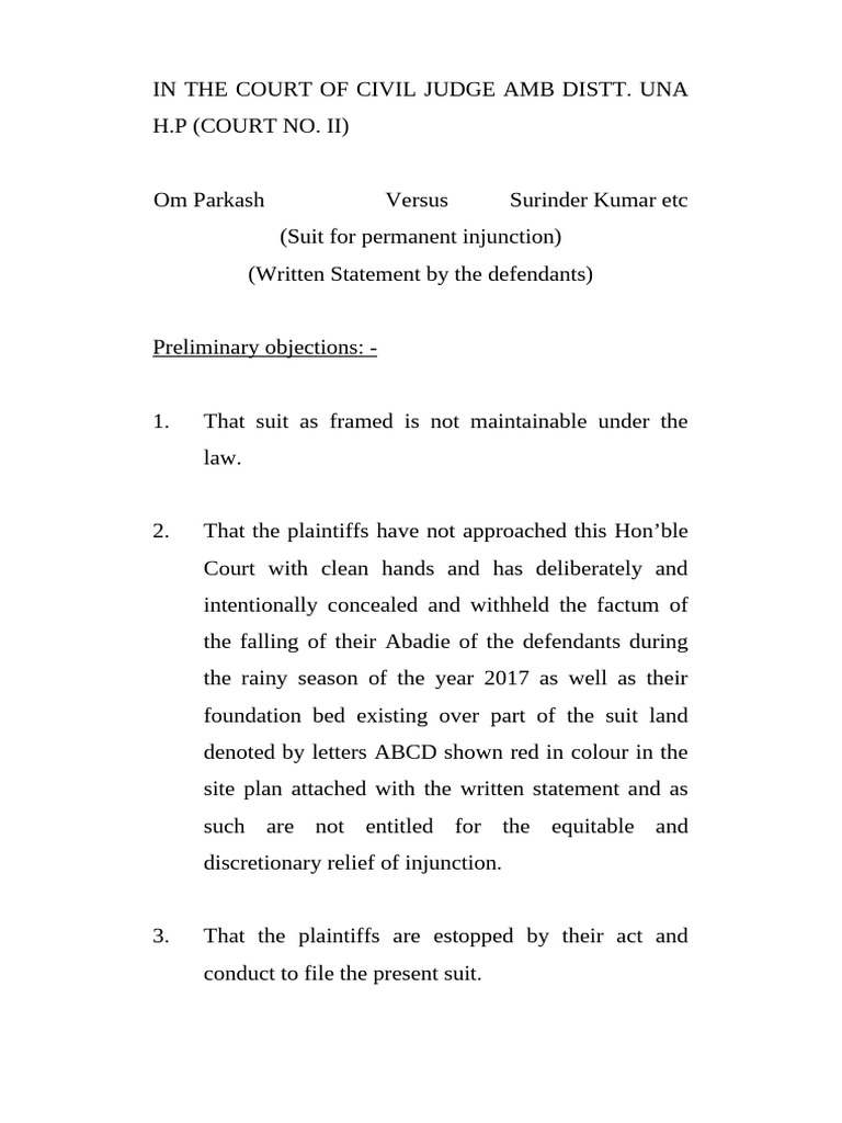 Written Statement (Injunction) Surinder Kuamr Avinash Etc | PDF | Lawsuit | Injunction
