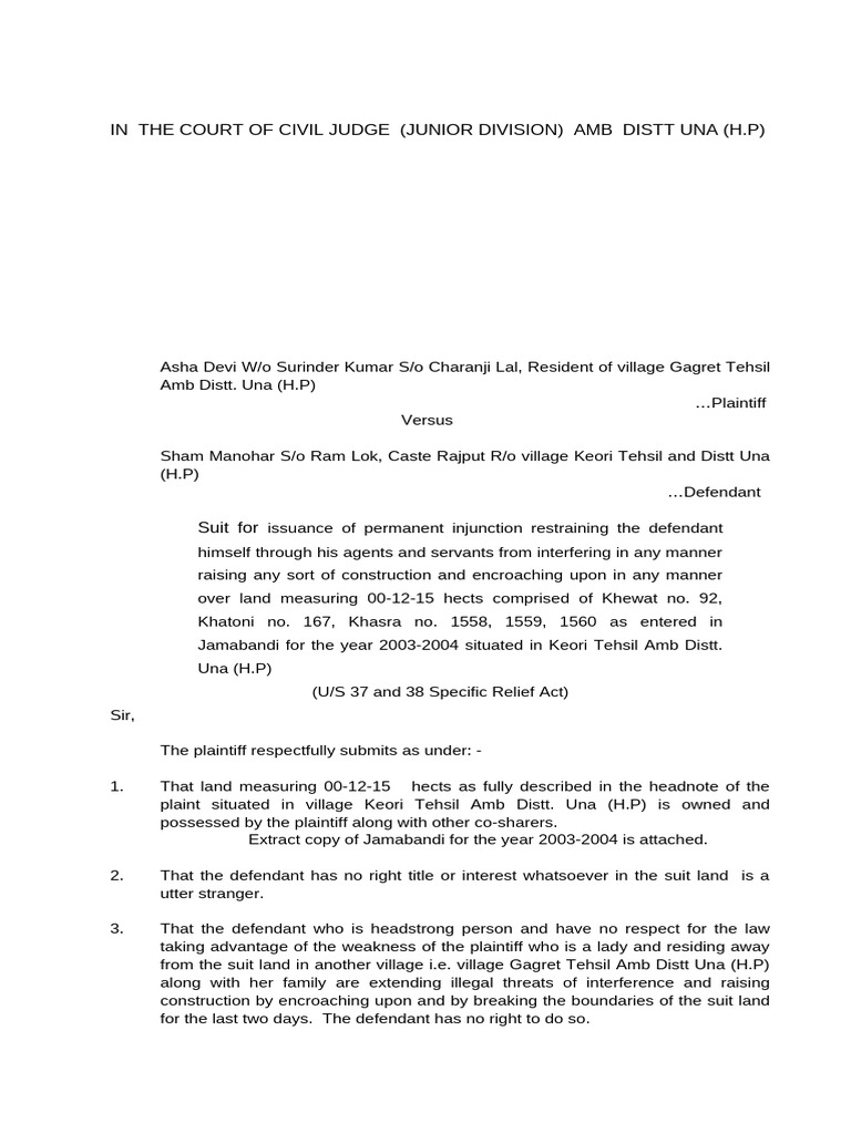 Plaint Issuance of Permanent Injunction Asha Devi | PDF | Judiciaries ...