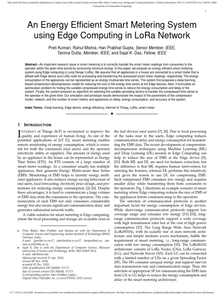 An Energy Efficient Smart Metering System Using Edge Computing in LoRa Network | PDF | Data ...