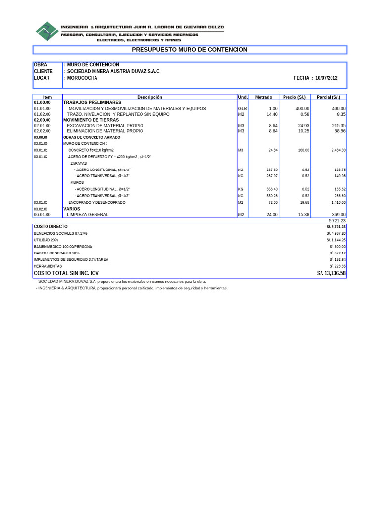 Proyecto Muro de Contencion | PDF | Ingeniería estructural | Materiales de construcción