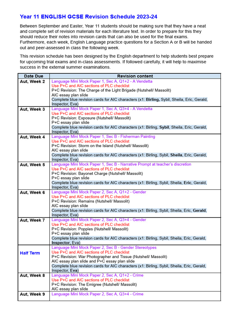 Year 11 English GCSE Revision Plan 2023-24 | PDF | Strange Case Of Dr ...