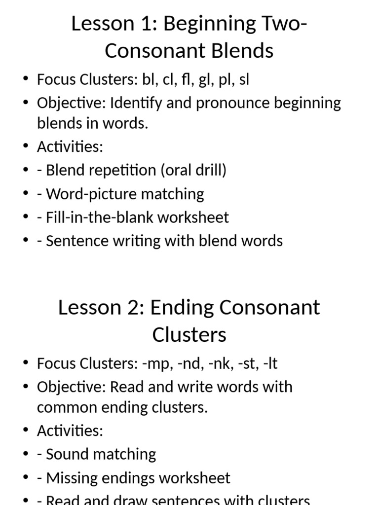 Consonant Blends and Clusters Lessons | PDF