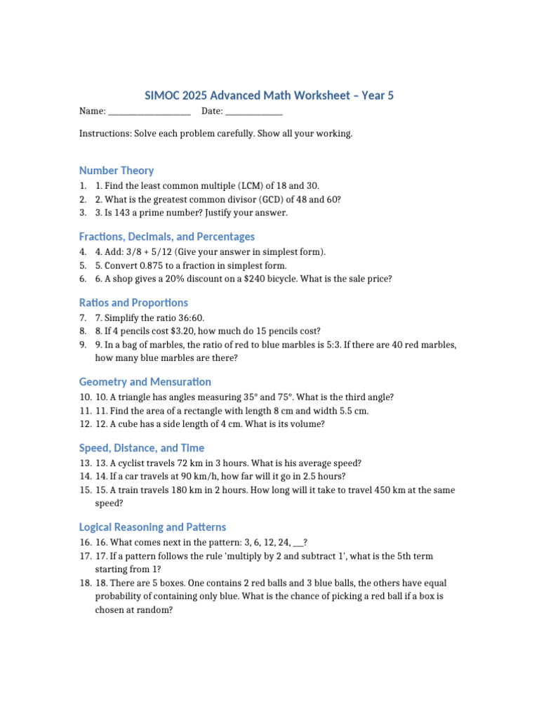 SIMOC 2025 Advanced Math Worksheet Year5 | PDF