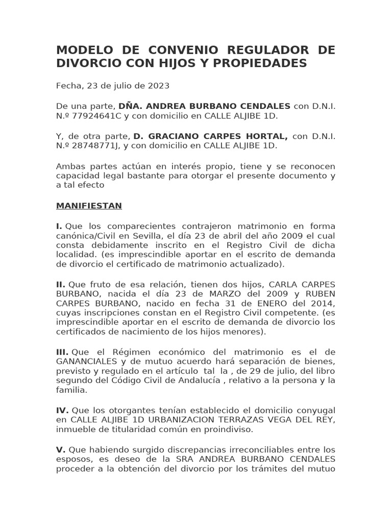 Modelo de Convenio Regulador de Divorcio Con Hijos y Propiedades | PDF | Divorcio | Escuelas