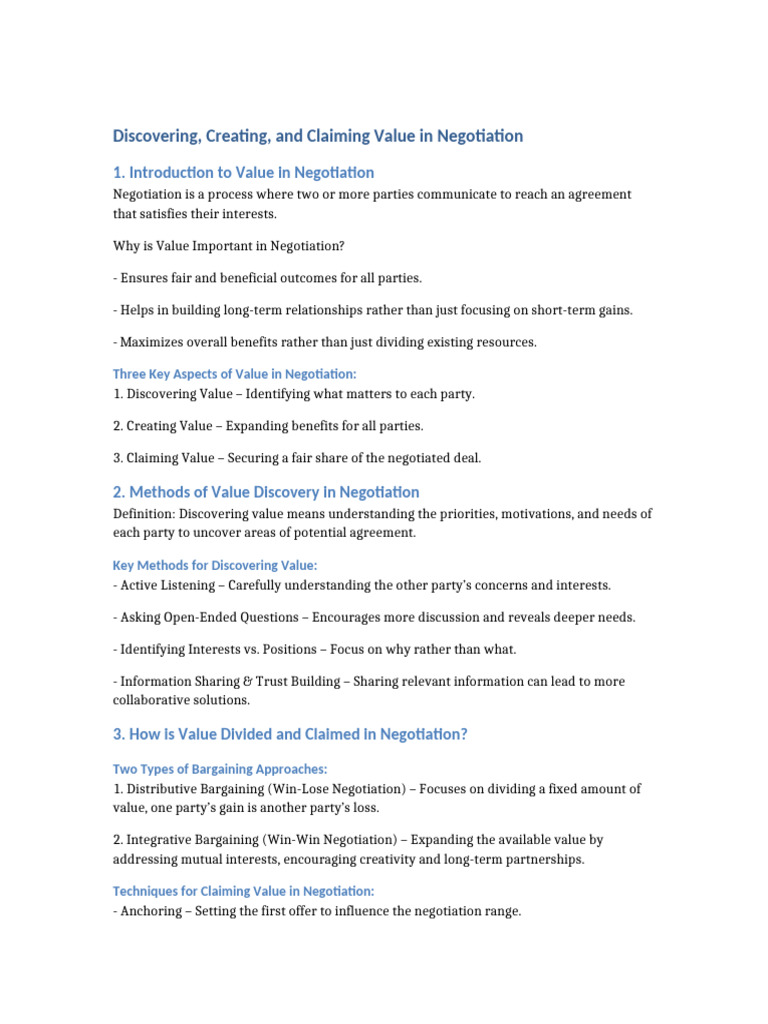 Value Creation and Claiming in Negotiation | PDF | Negotiation | Cognition
