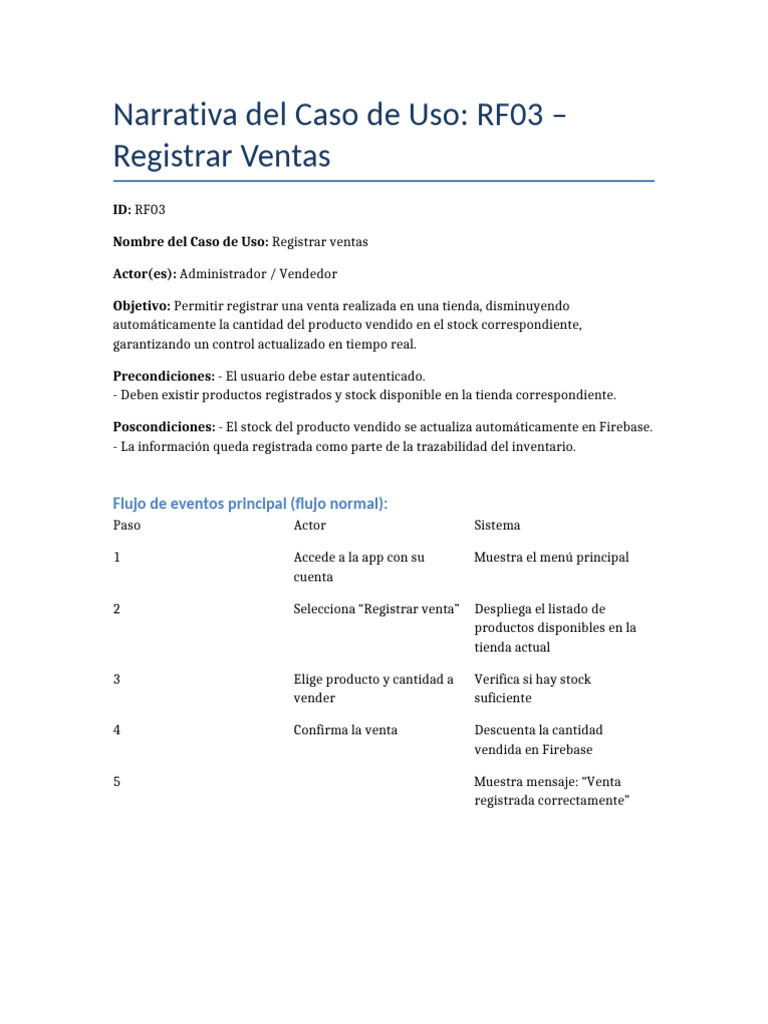 Narrativa Caso Uso RF03 Registrar Ventas | PDF