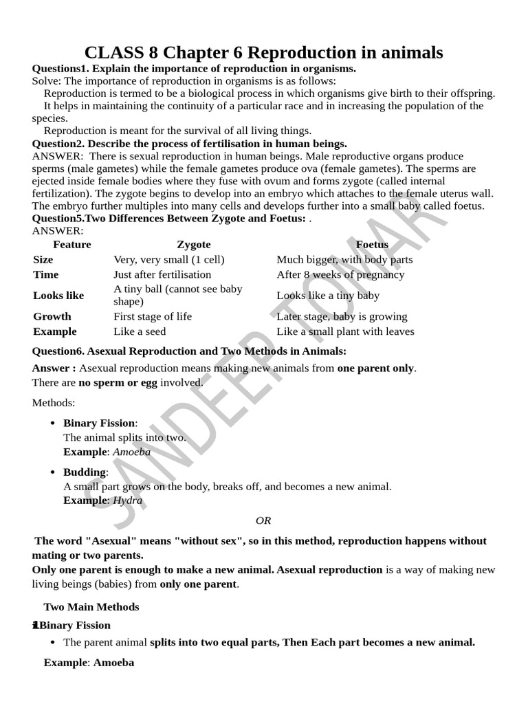 Reproduction in Animals - Class 8 Notes | PDF | Sexual Reproduction ...