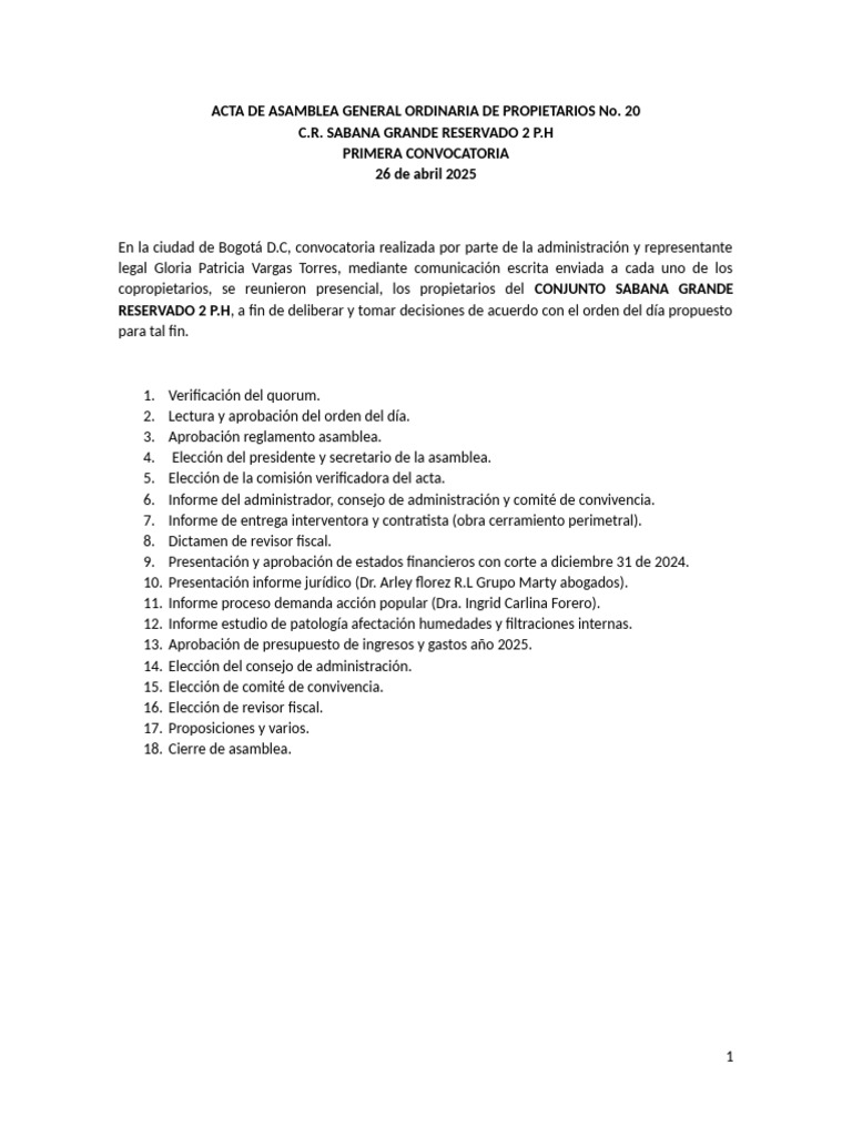 ACTA DE ASAMBLEA GENERAL ORDINARIA 2025 | PDF | Contador | Condominio