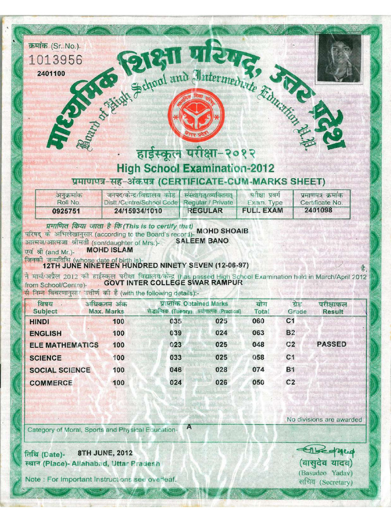 MOHD SHOAIB 10th Marks Card | PDF