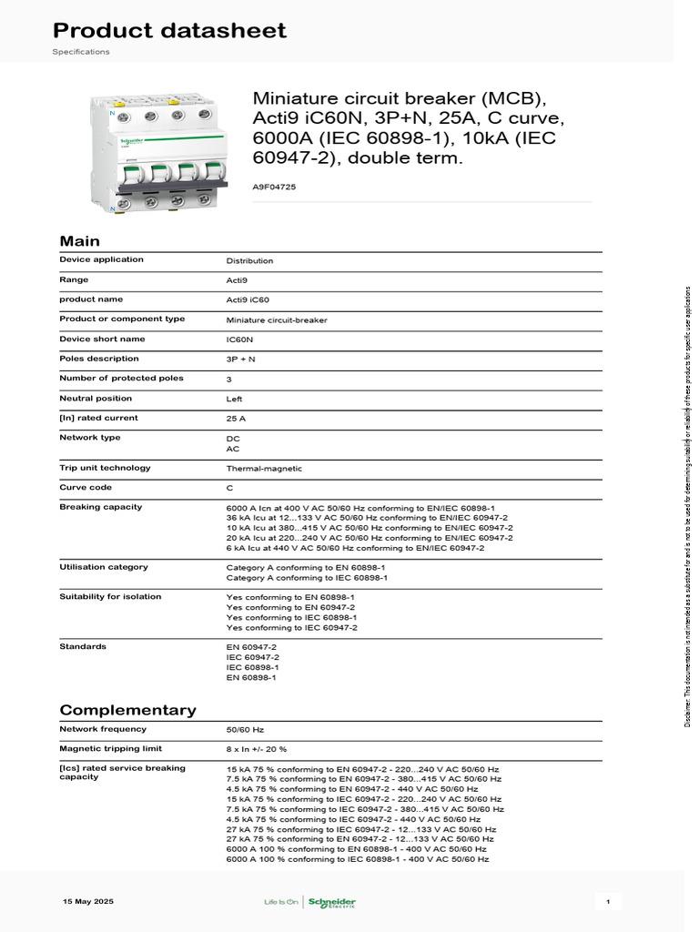 Schneider Electric Acti-9-IC60 A9F04725 | PDF | Alternating Current | Manufactured Goods
