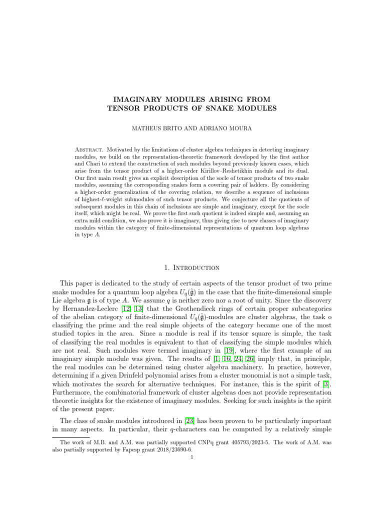 Imaginary Modules Arising From Tensor Products of Snake Modules | PDF | Module (Mathematics ...