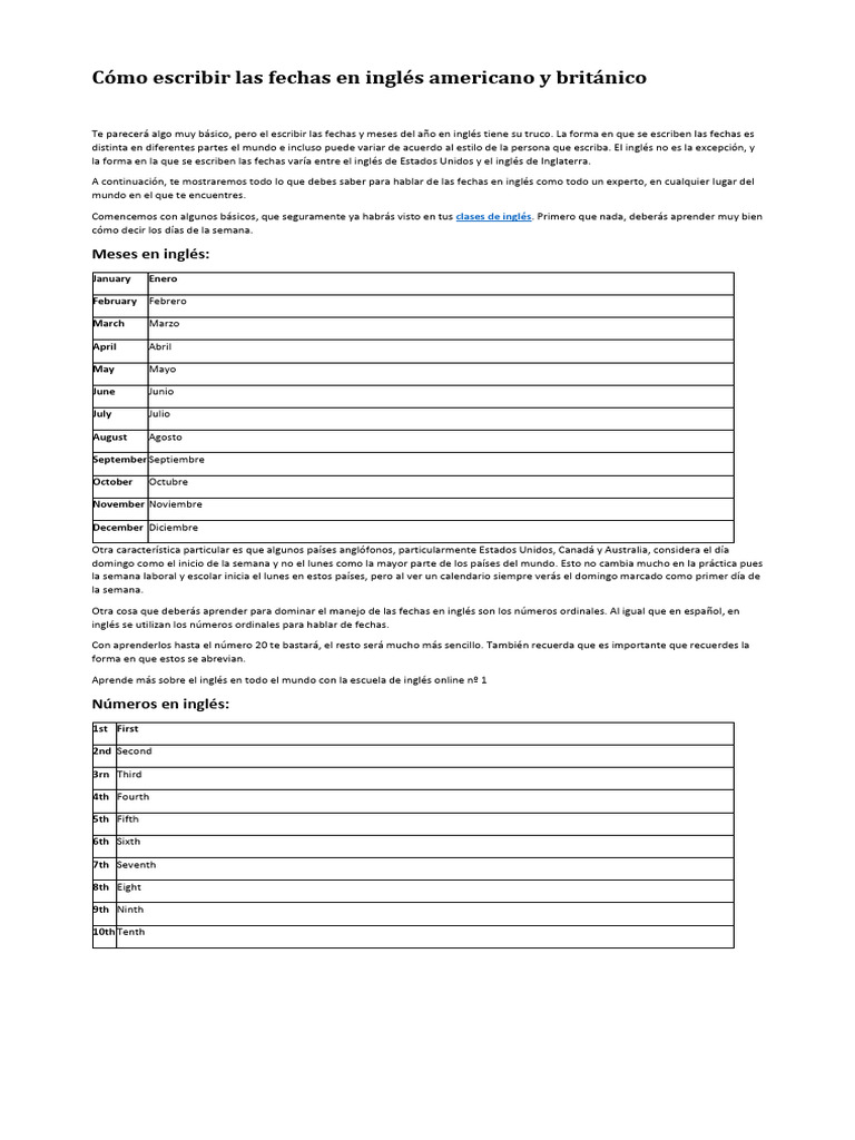 Cómo Escribir Las Fechas en Inglés Americano y Británico | PDF ...