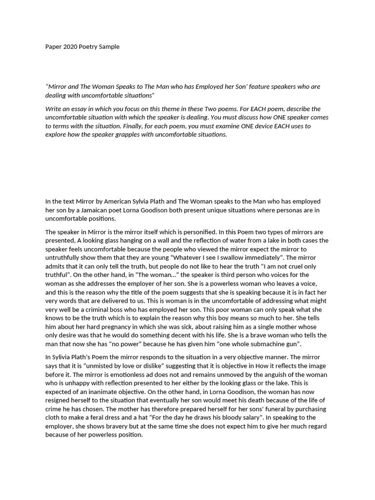 Sample Essay Mirror and the Woman | PDF | Poetry