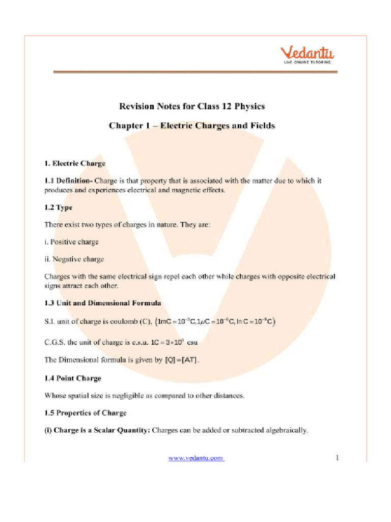 Electric Field and Charge Class 12 Short Notes | PDF