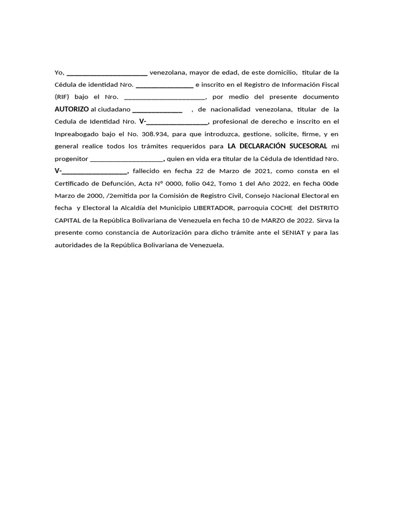 Modelo Autorizacion Seniat | PDF