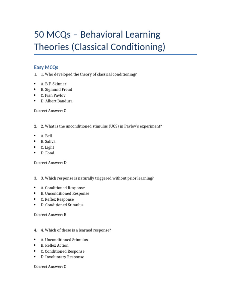 Behavioral Theories 50 Easy Hard MCQs | PDF | Classical Conditioning | Learning