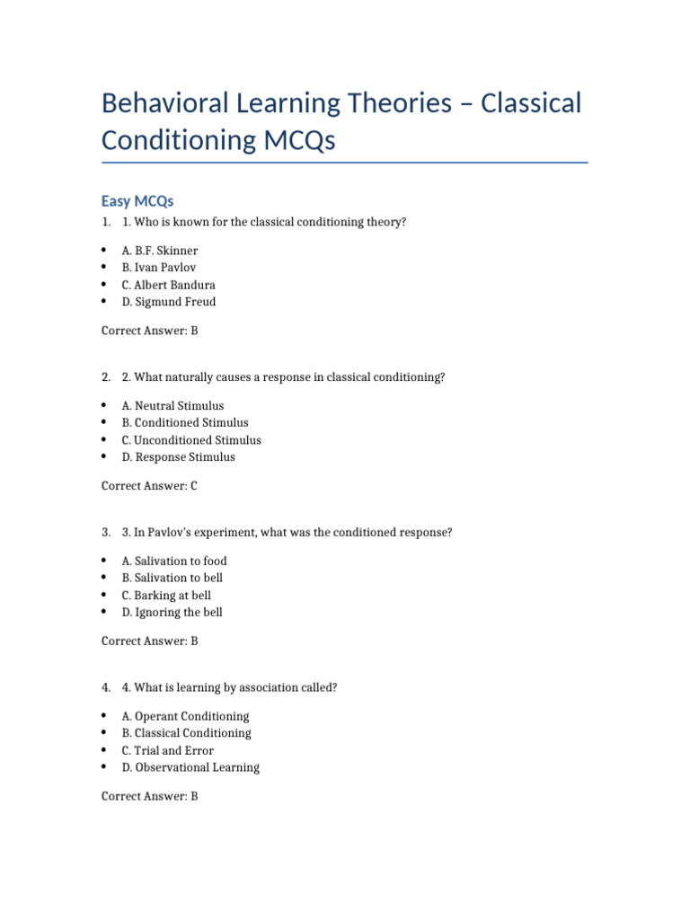Classical Conditioning MCQs with Answers | PDF