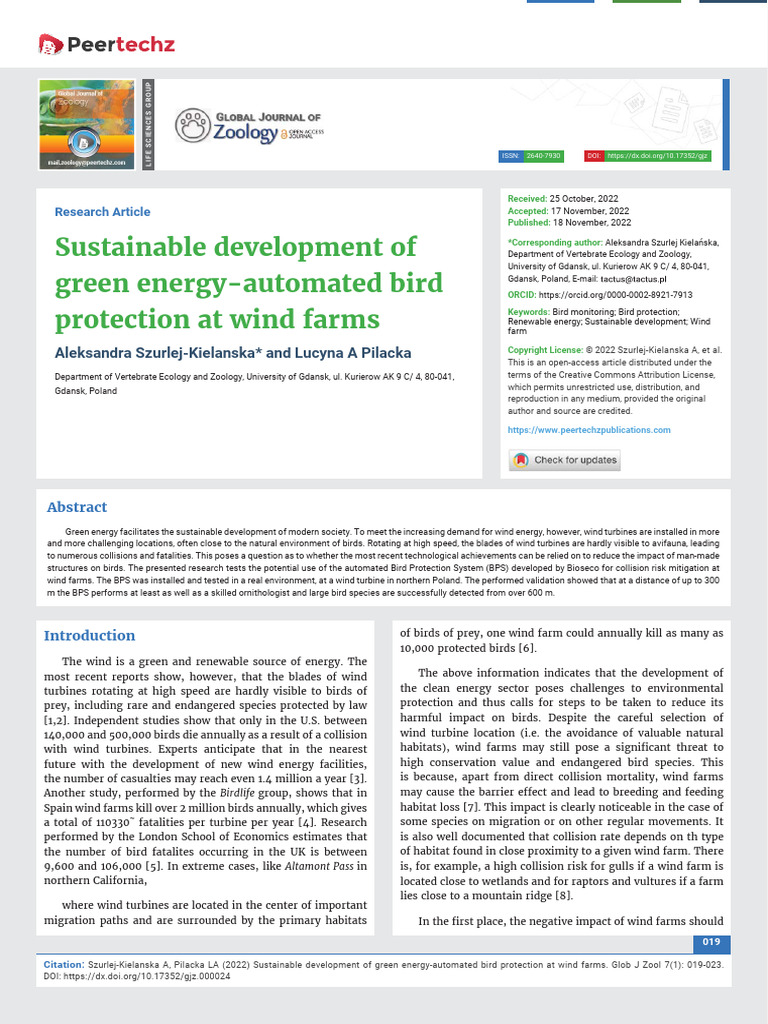 2022.02 ENG Sustainable Developent Od Green Energy - Automated Bird Protection Ot Wind Farms ...