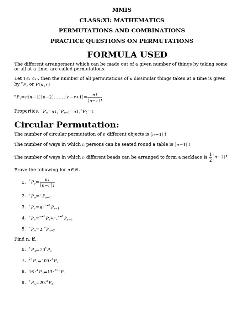 Permutation and Combination Worksheet-7 | PDF