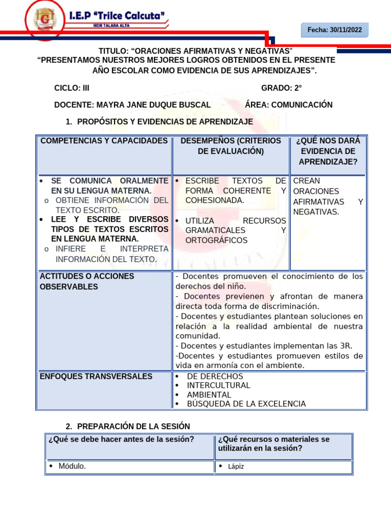 Sesión 51 Oraciones Afirmativas y Negativas | PDF | Aprendizaje | Enseñando