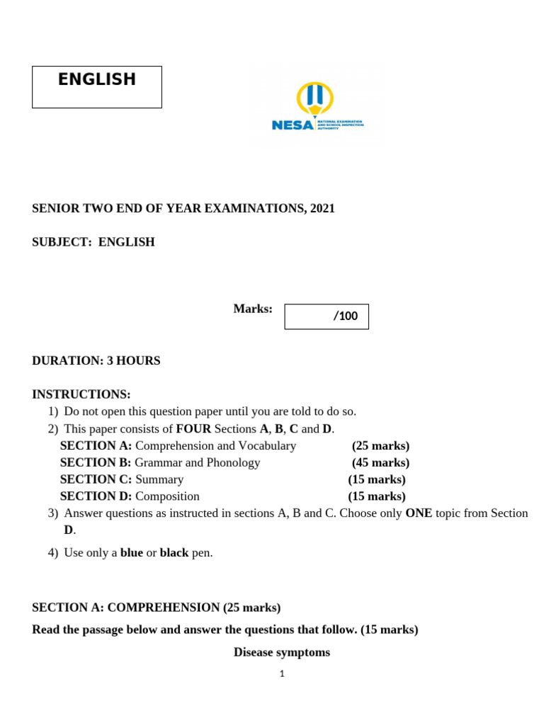 Senior Two English Exam 2021 Guide | PDF | Diseases And Disorders