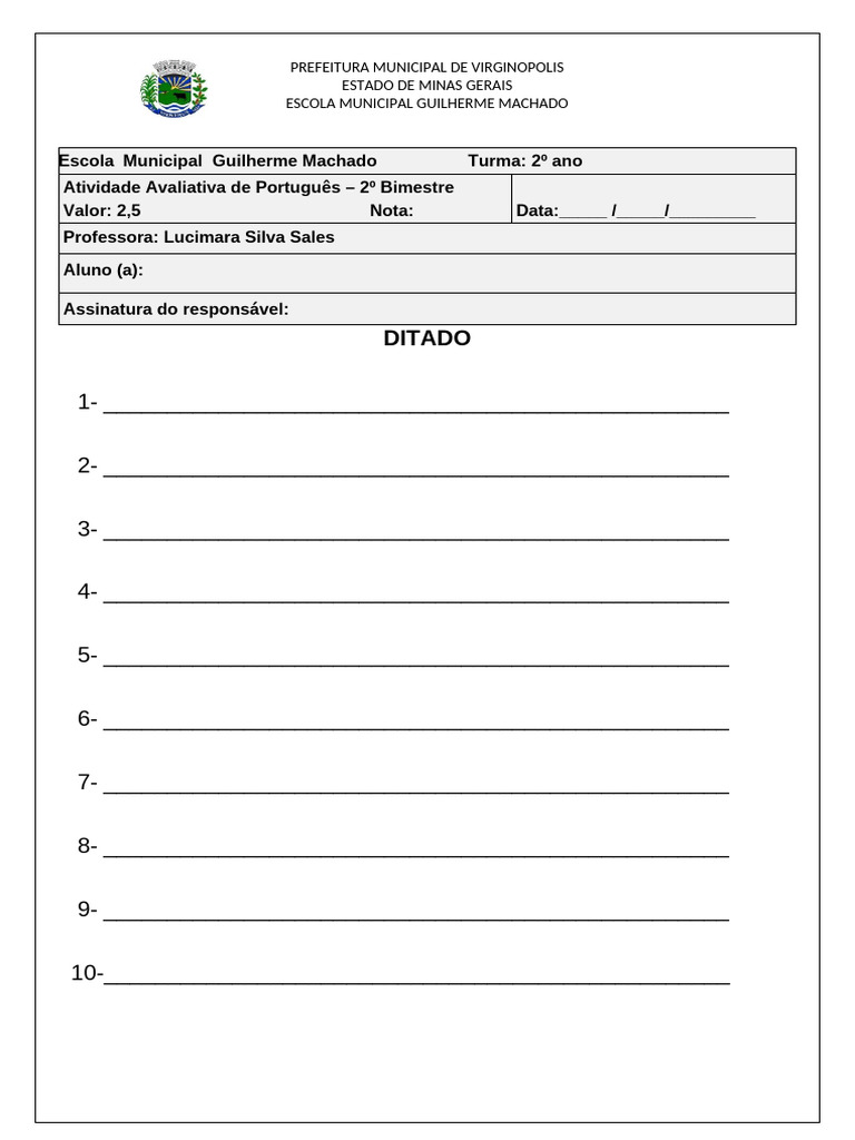 Atividade Avaliativa de Português - Ditado | PDF