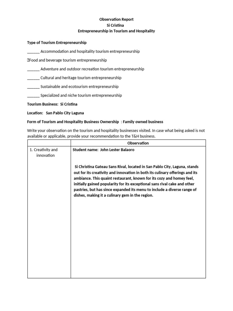 Balaoro, John Lester T. 2HM4 | PDF | Tourism | Restaurants