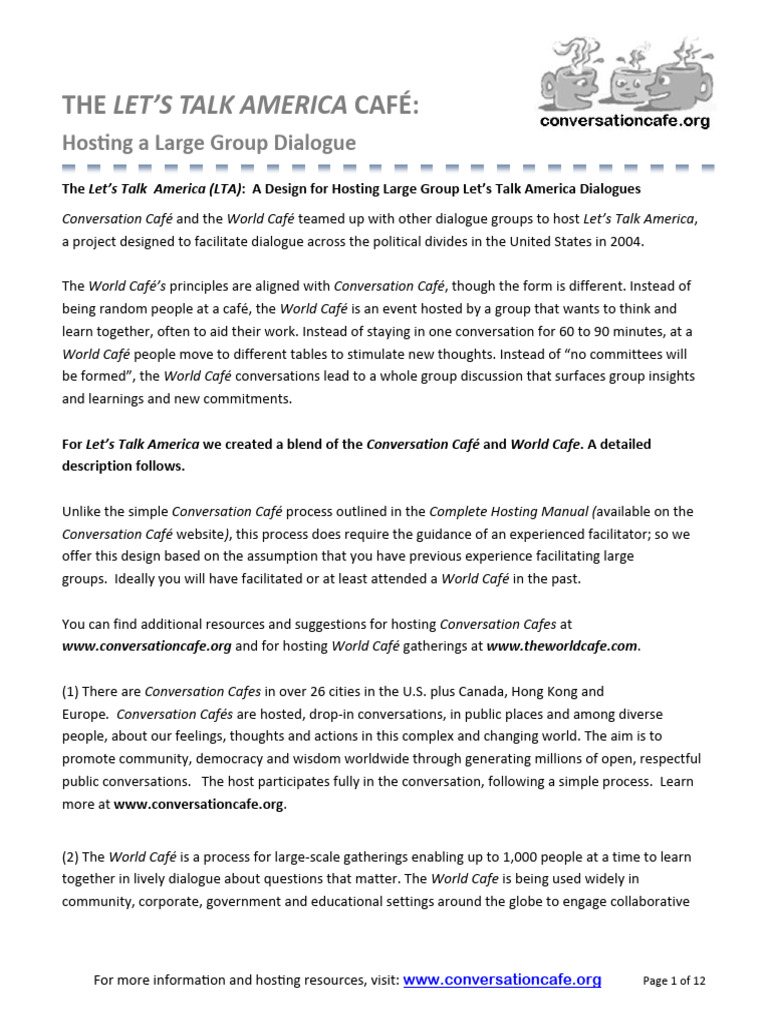 Hosting Large Group Dialogues Guide | PDF | Coffeehouse | Conversation