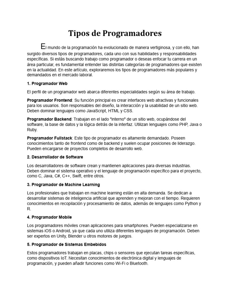 Tipos de Programadores | PDF | Lenguaje de programación | Ingeniería de ...