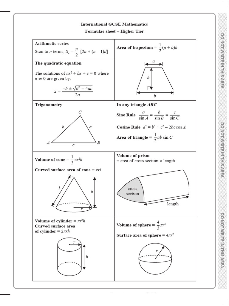 Formula Sheet Edexcel IGCSE Maths | PDF | Area | Euclidean Geometry