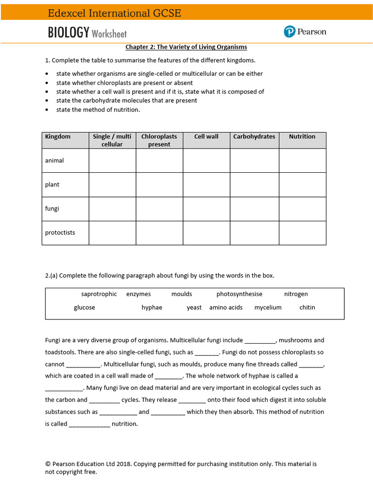 IGCSE - Bio - Worksheet 2 - The Variety of Living Organisms | PDF ...
