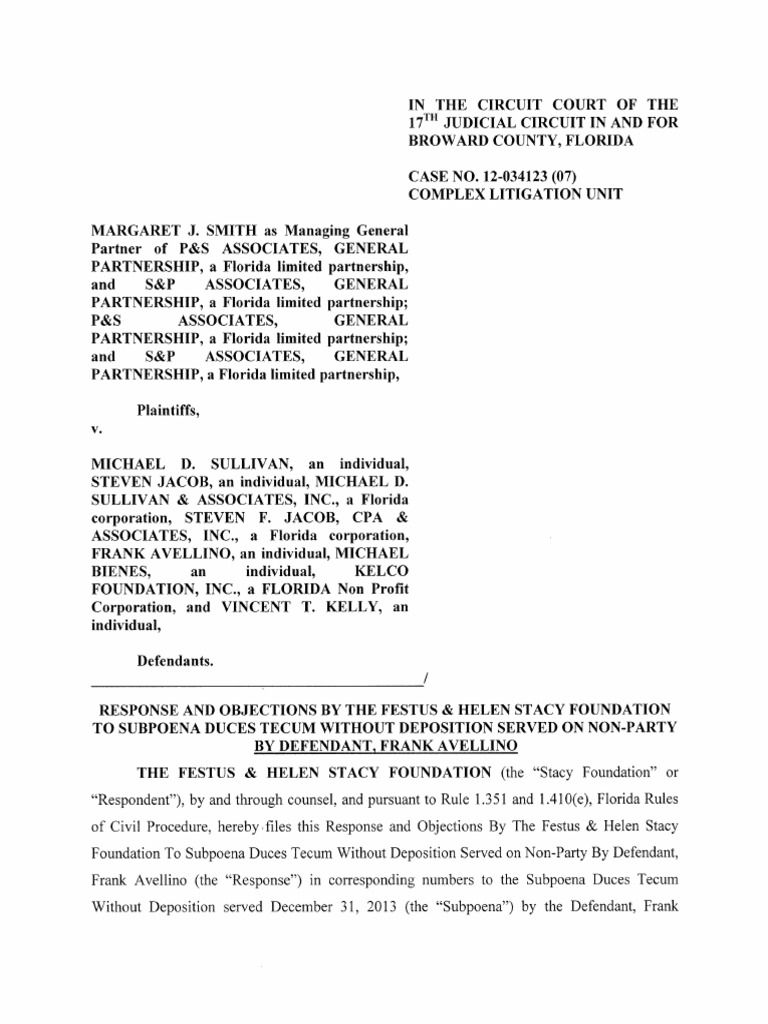 01.10.14 Stacy Foundation Objection To Subpoena | PDF