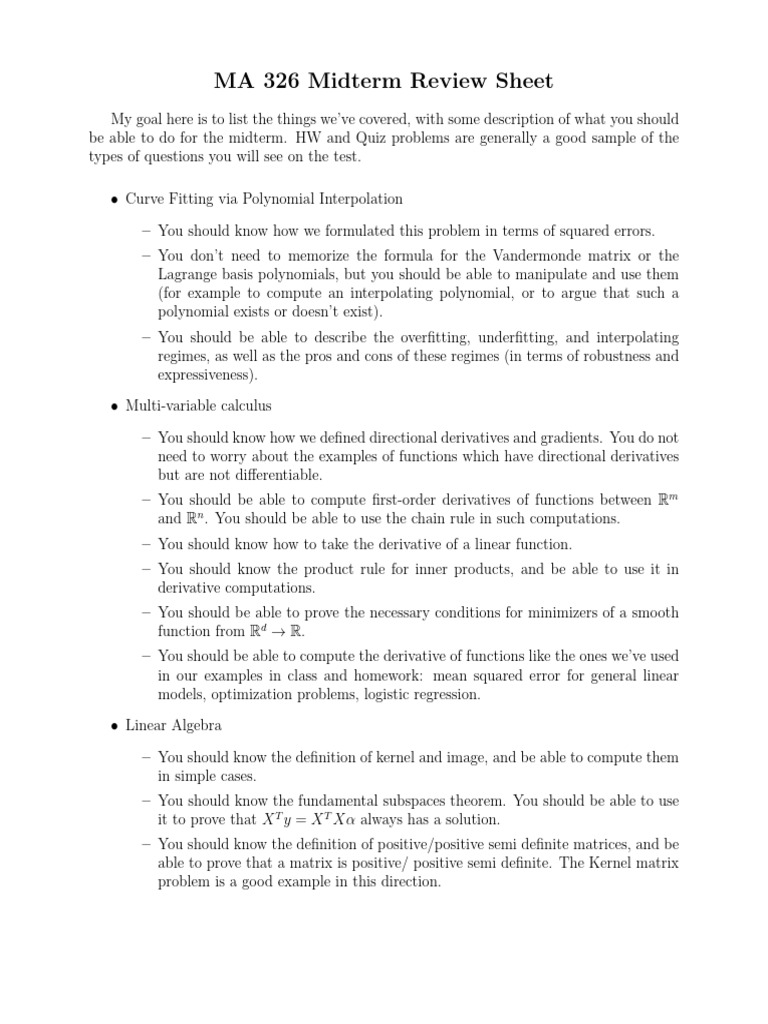 MA326 Midterm Review Sheet | PDF | Derivative | Linear Regression