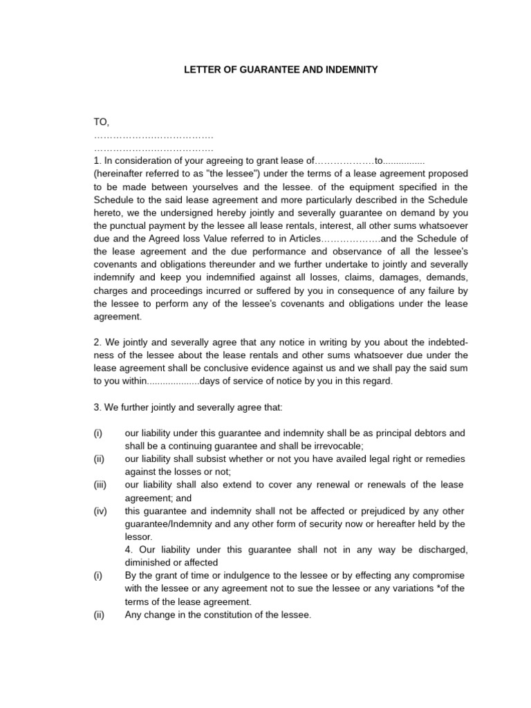 Guarantee and Indemnity Letter | PDF | Guarantee | Lease