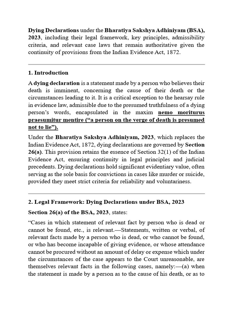 Dying Declarations Under the Bharatiya Sakshya Adhiniyam | PDF | Evidence (Law) | Hearsay