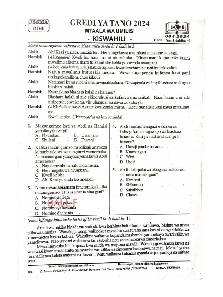 Grade 5 Jesma 004 Kiswahili | PDF