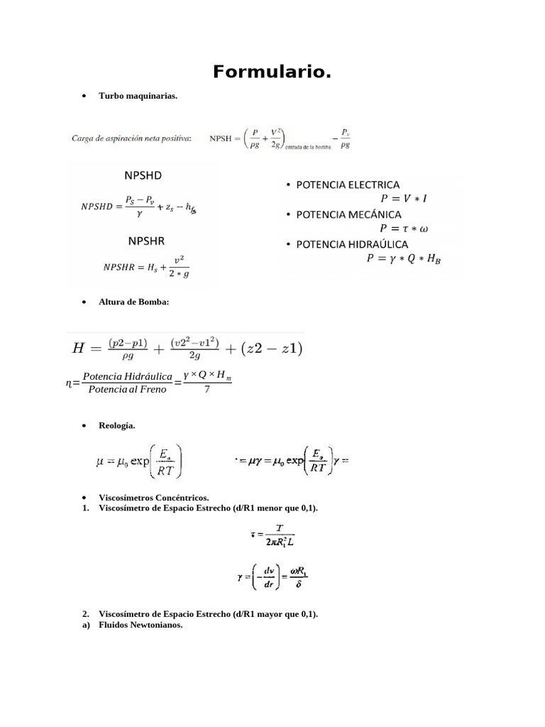 Formulario Mecánica de Fluidos | PDF