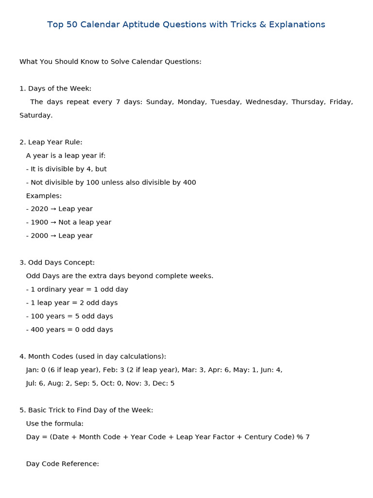 Top Calendar Aptitude Questions & Tricks | PDF