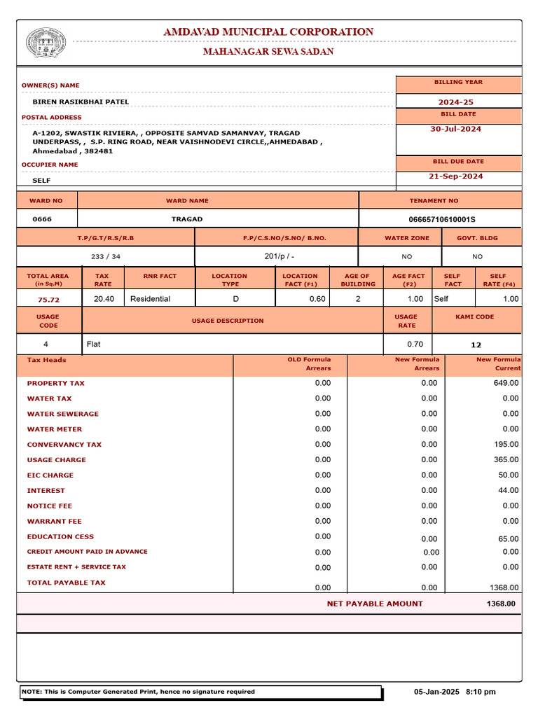 Ahmedabad Property Tax Receipt 2024-25 | PDF | Taxes | Payments