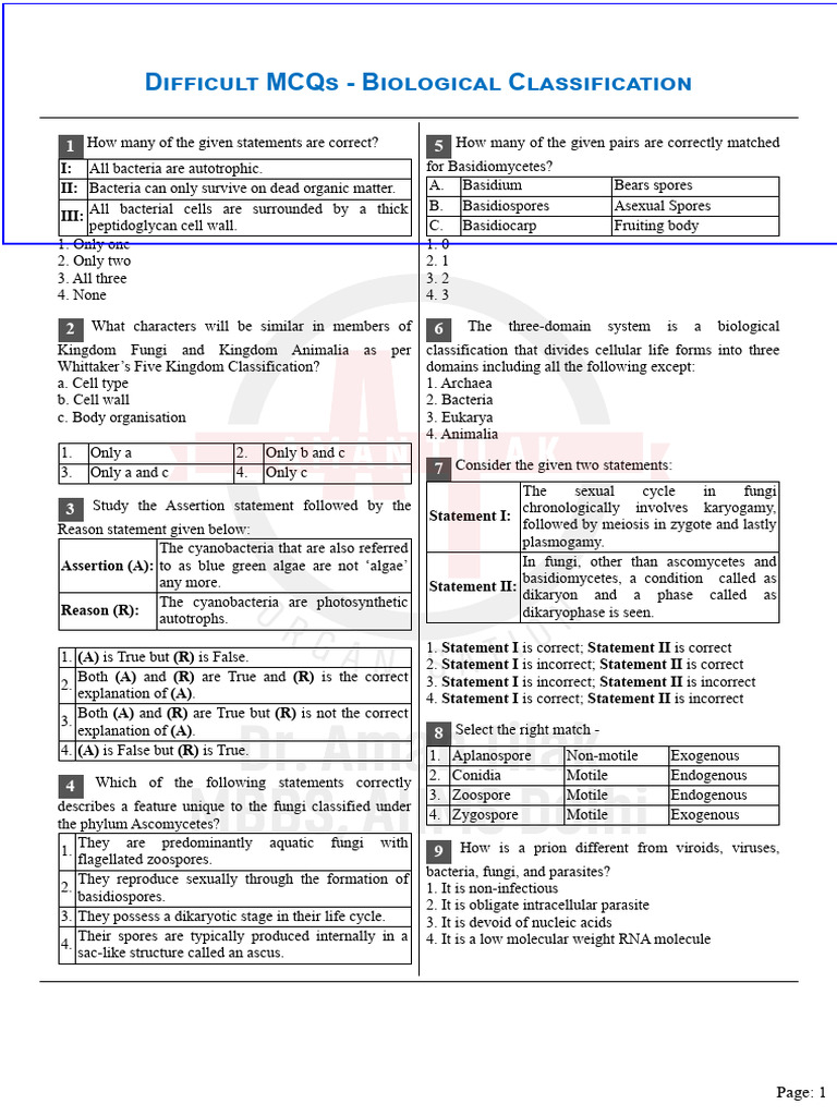 Difficult MCQs - Biological Classification | PDF | Fungus | Bacteria
