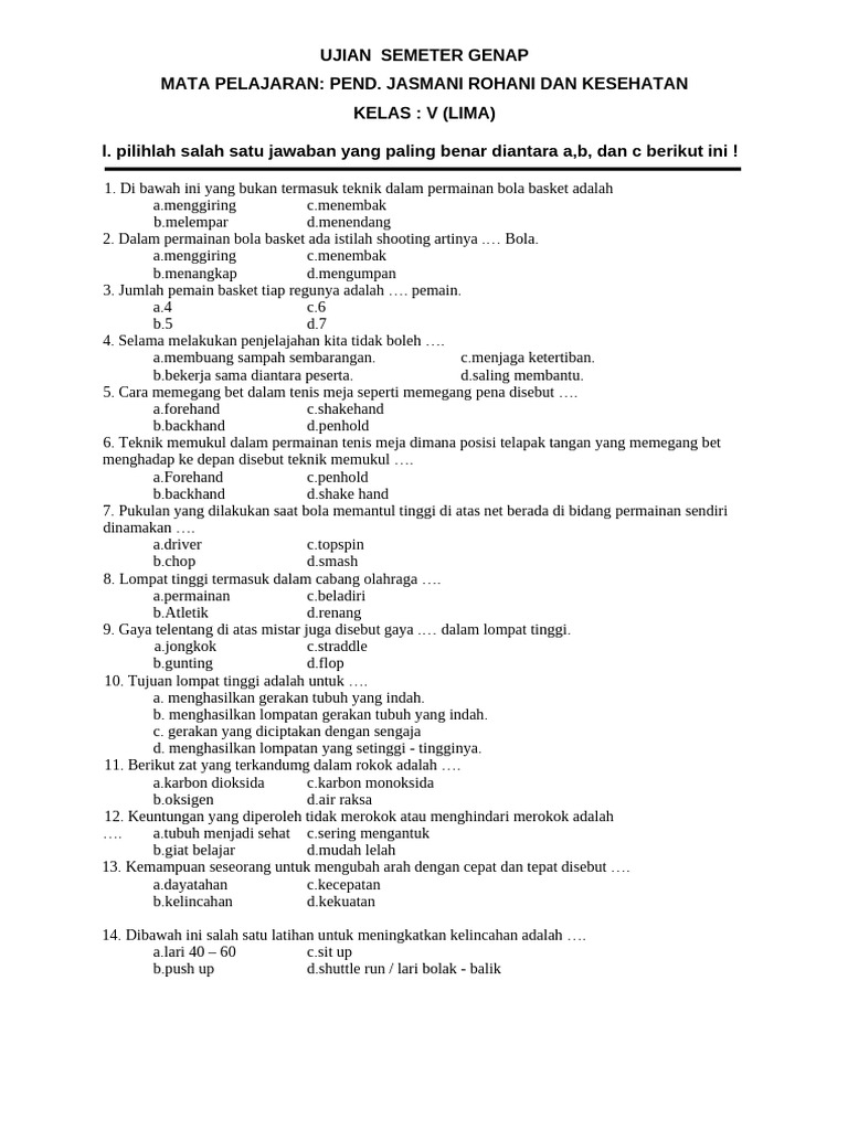Soal Ujian Pjok Kelas 5 Semester Genap | PDF