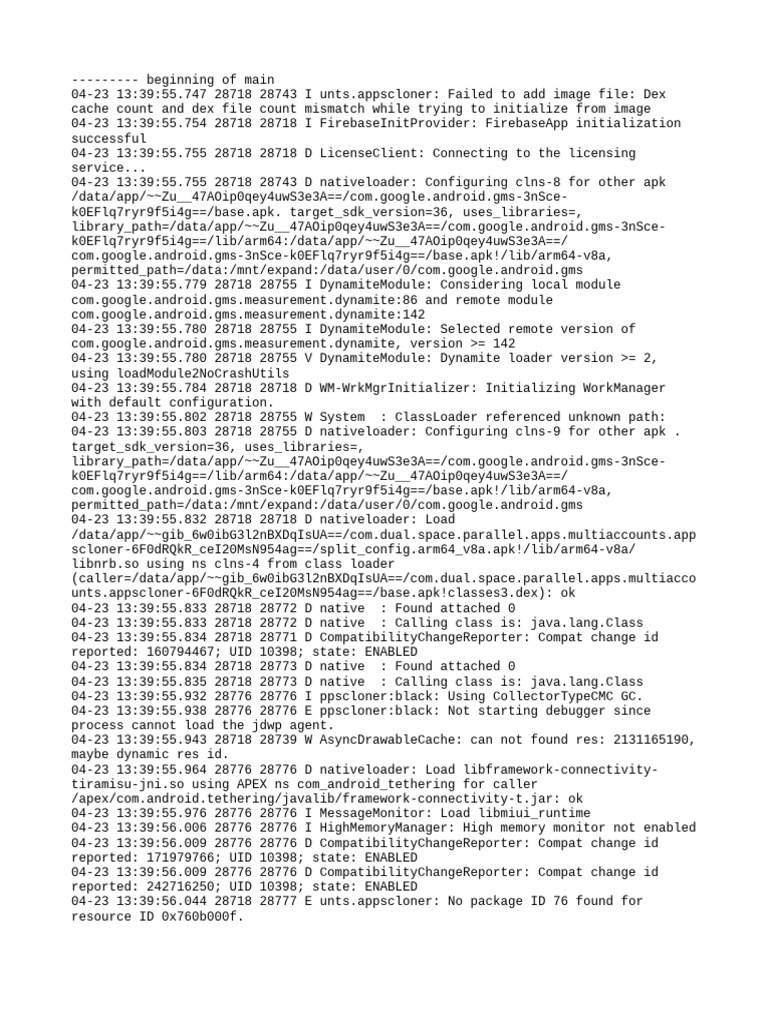 Com - Dual.space - Parallel.apps - Multiaccounts.appscloner Logcat | PDF | Android (Operating ...