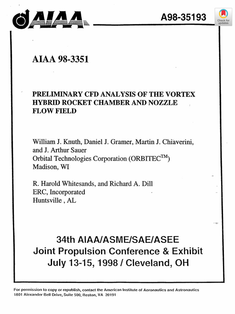 Preliminary Cfd Analysis Of The Vortex Hybrid Rocket Chamber And Nozzle Flow Field 1998 American