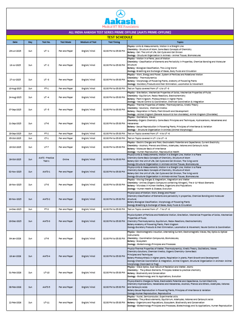 AIATS Prime - Offline Schedule | PDF | Chemistry | Physics