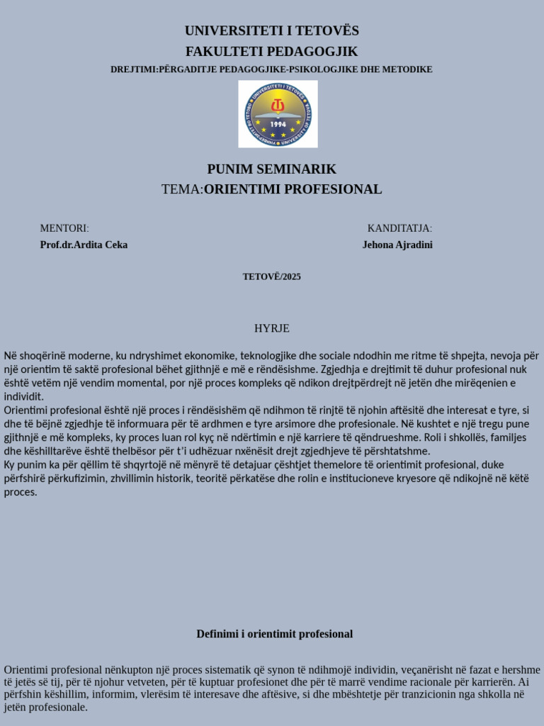 Punim Seminarik-Orientimi Profesional | PDF